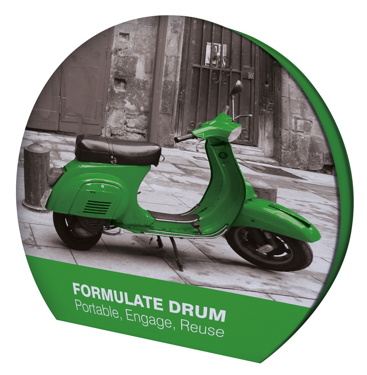 Formulate Display Messestand Drum in runder Form mit Textilbespannung